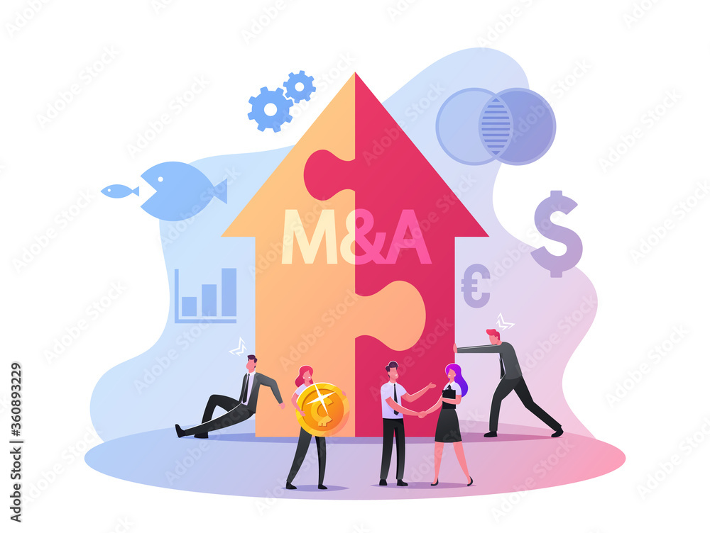 Merger and Acquisition Concept. Characters at Huge Arrow made of Puzzle ...