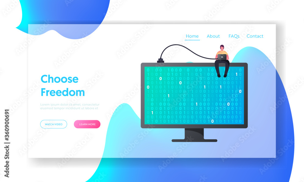 Vetor de Programmer Coding or Encrypt Information, Online Security Landing Page Template. Tiny ...
