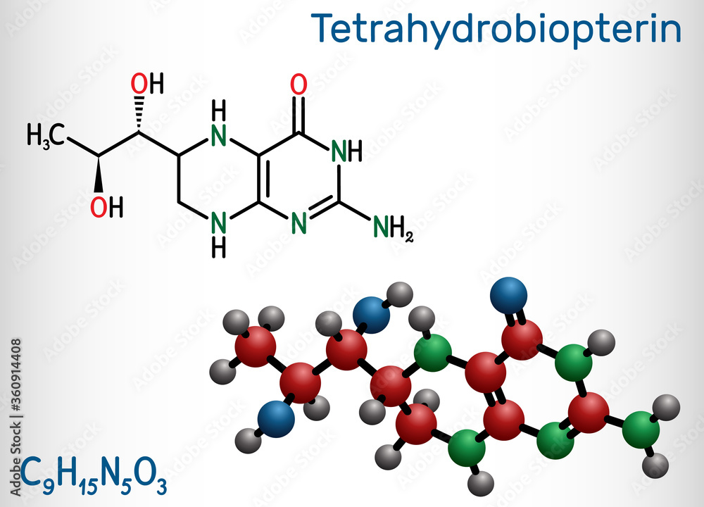 Tetrahydrobiopterin, BH4, THB, sapropterin molecule. It has role as ...