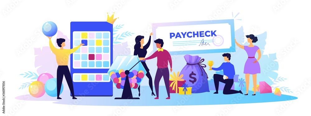 Gambling concept. Cartoon characters win money prize, lottery or bingo ...