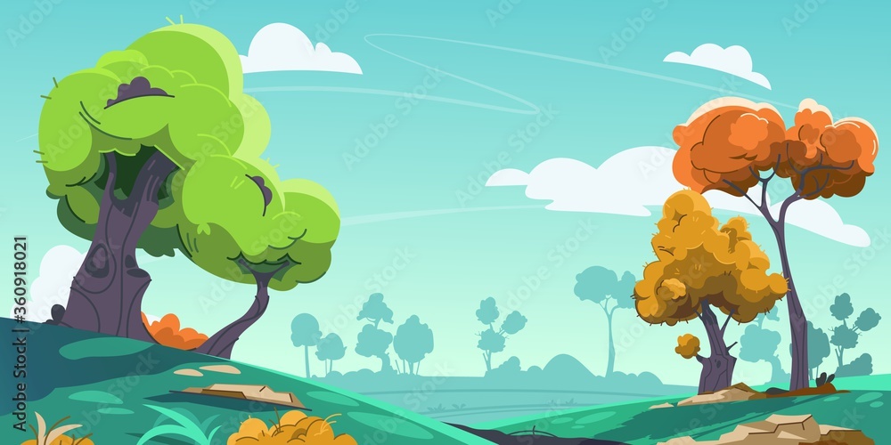 Cartoon landscape background. Countryside with green meadows and hills ...