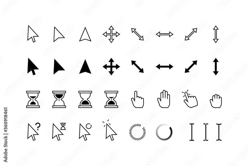 Cursor icons. Classic pointer arrows, hourglass and hands with click ...