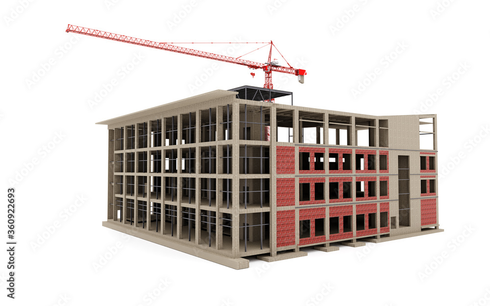 Building under construction 3D model with a construction crane on a ...