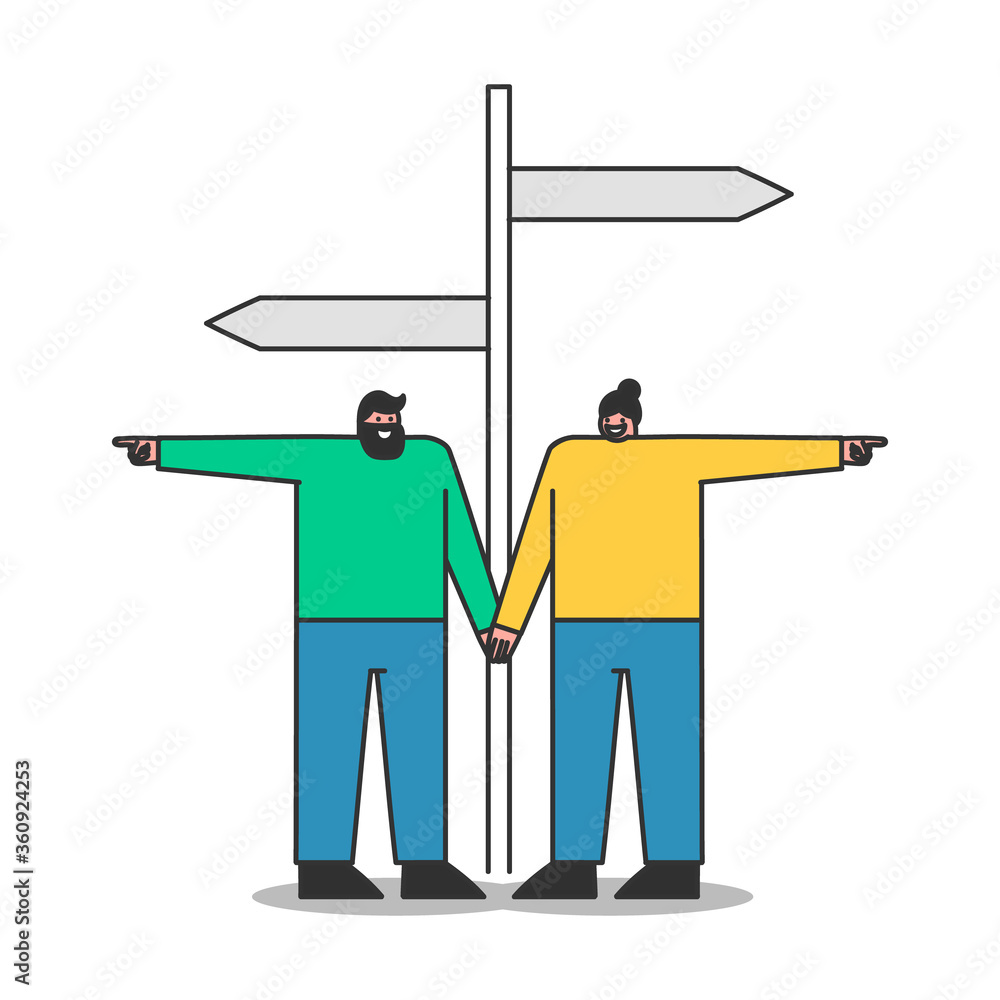 People choose different directions standing at road sign. Confused man ... People choose different directions standing at road sign. Confused man ...