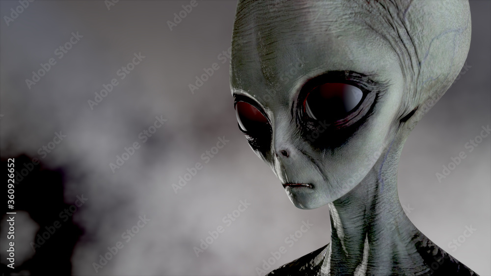 Scary gray alien walks and looks blinking on a dark smoky background ...