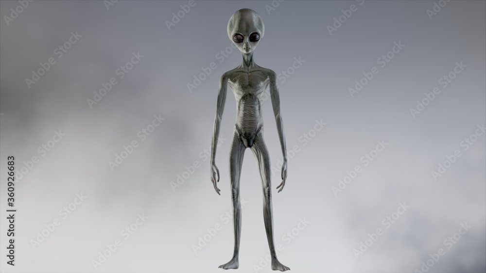 Scary gray alien walks and looks blinking on a dark smoky background ...
