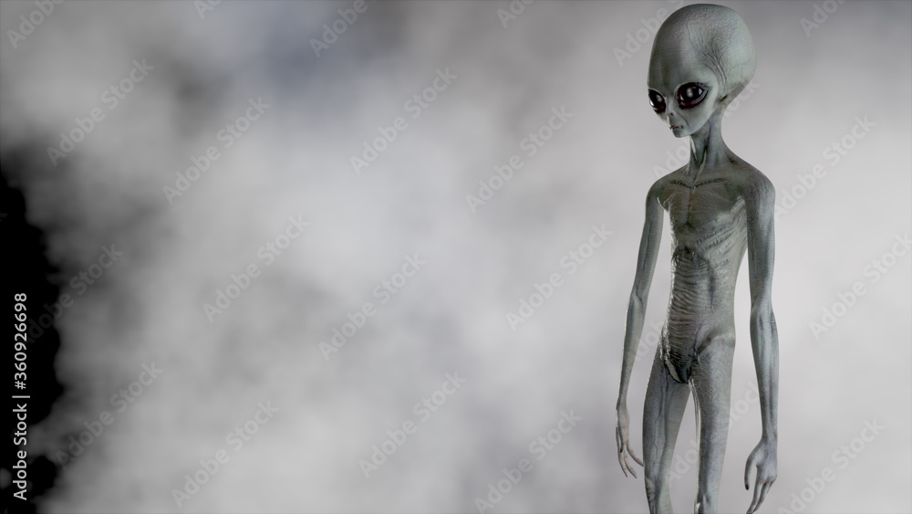 Scary gray alien walks and looks blinking on a dark smoky background ...