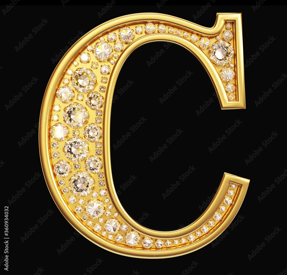 Golden letter "C" with diamonds on black background. Clipping path included. Stock Illustration ...