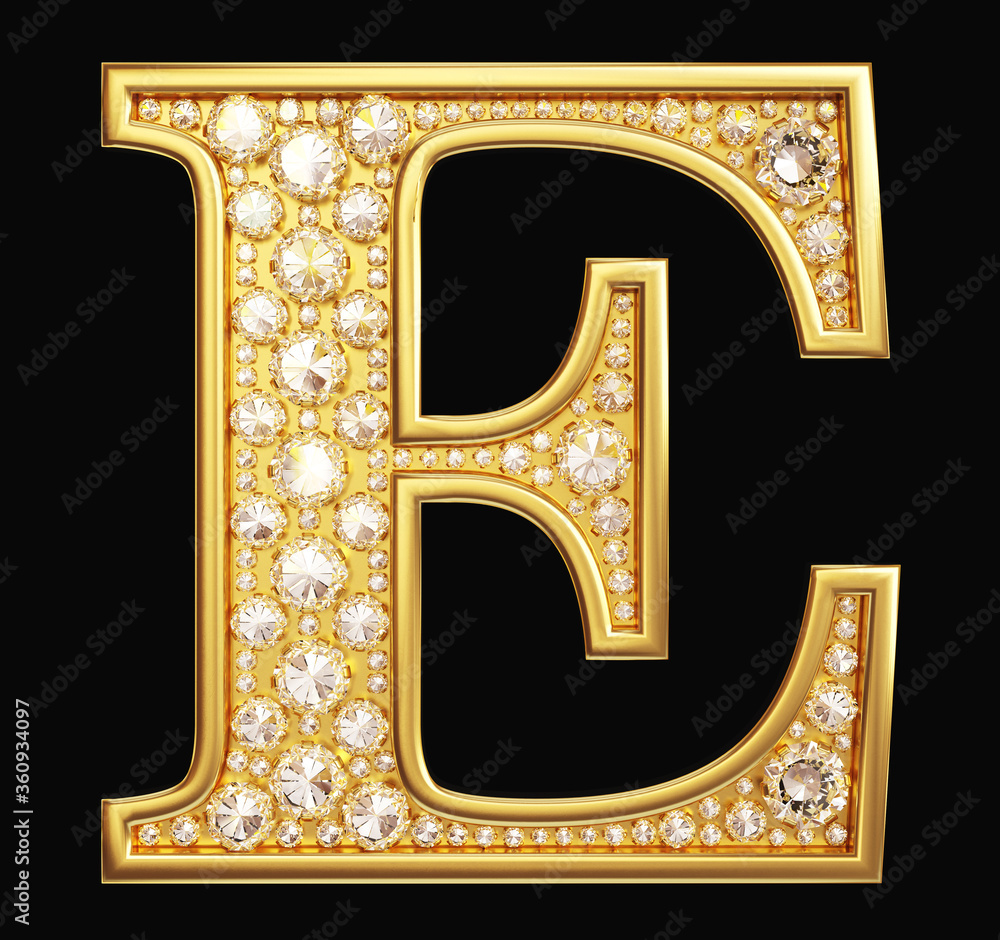 Golden letter "E" with diamonds on black background. Clipping path ...