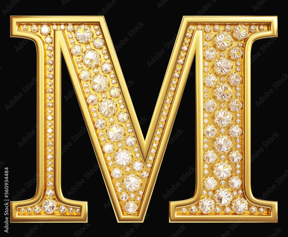 Golden letter "M" with diamonds on black background. Clipping path ...