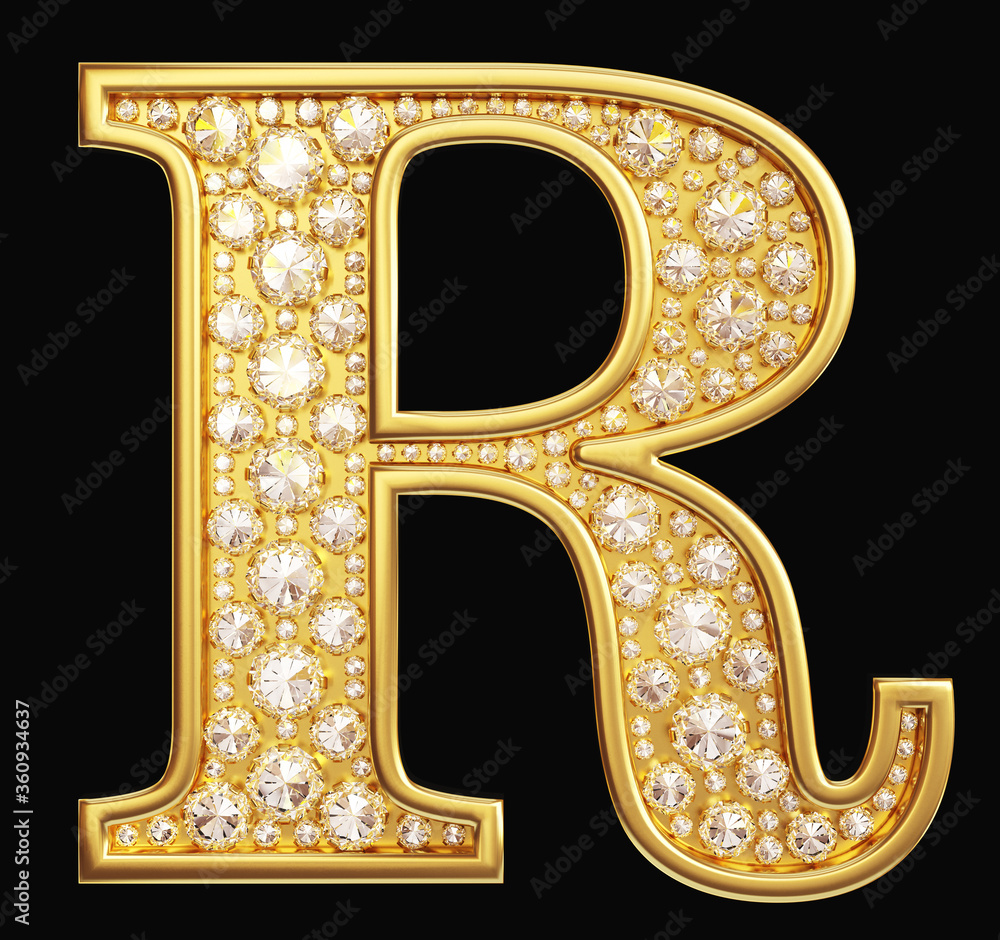 Golden letter "R" with diamonds on black background. Clipping path ...