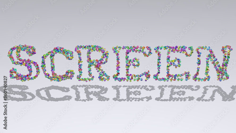 screen: 3D illustration of the text made of small objects over a white ...