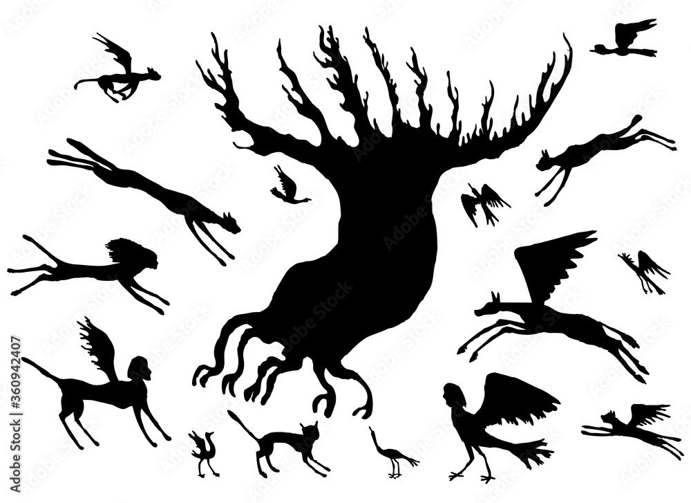 Vector image of silhouettes of magic tree and fantastic creatures Stock ...