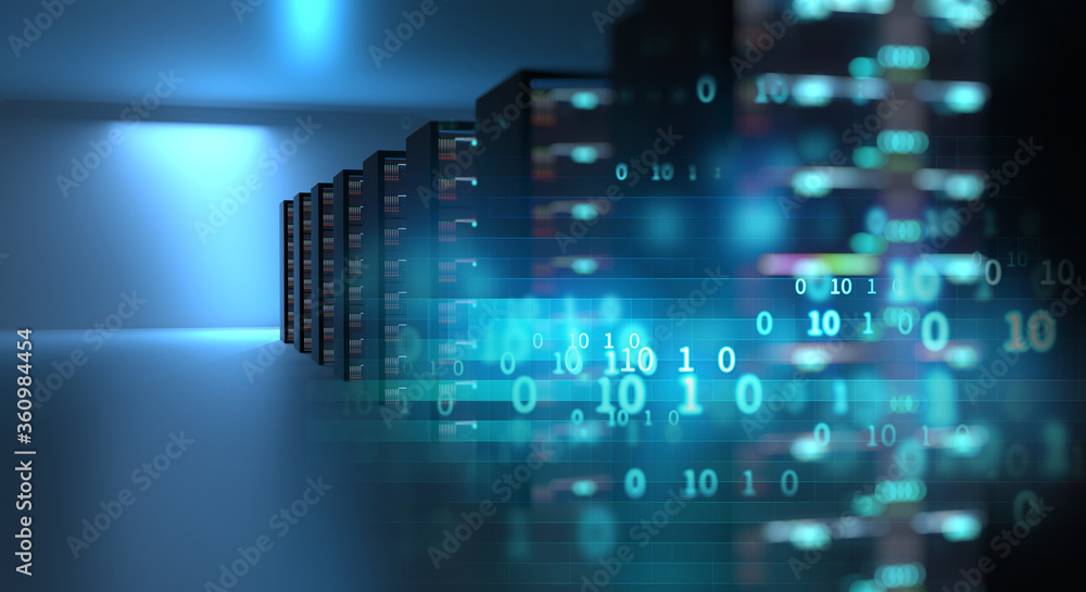 Corridor of server room with server racks in datacenter. 3d ...