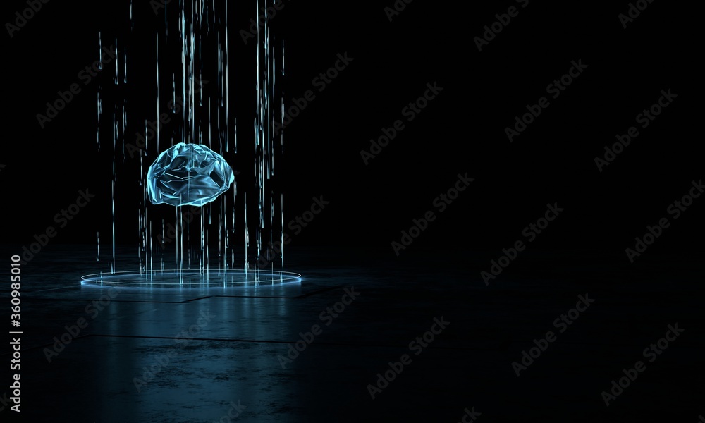 3D Rendering of Artificial Intelligence processing. Glowing blue brain ...