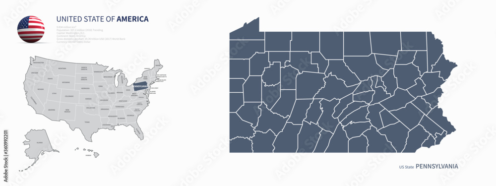 pennsylvania map. u.s. states vector map of pennsylvania. us states map ...