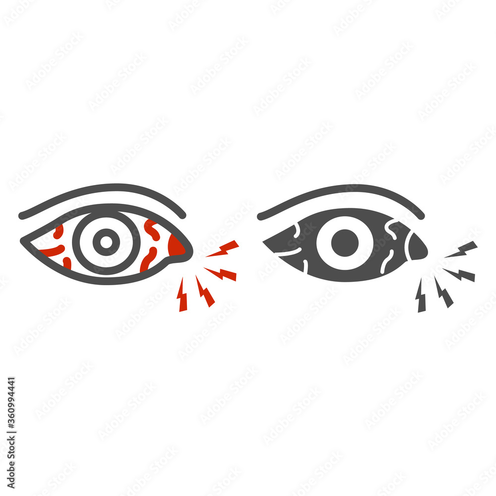 Eye pain and infection line and solid icon, illness and injury concept ...