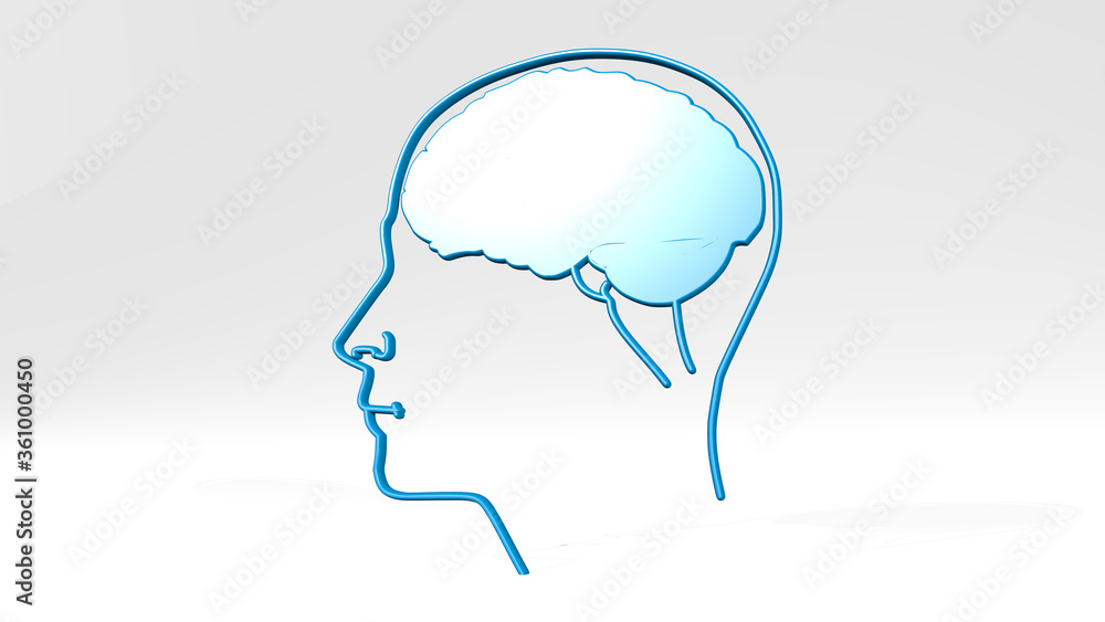 HUMAN HEAD WITH BRAIN on the wall. 3D illustration of metallic ...
