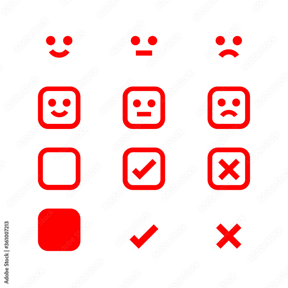 emotions face red icon, emotional symbol and approval check sign button ...