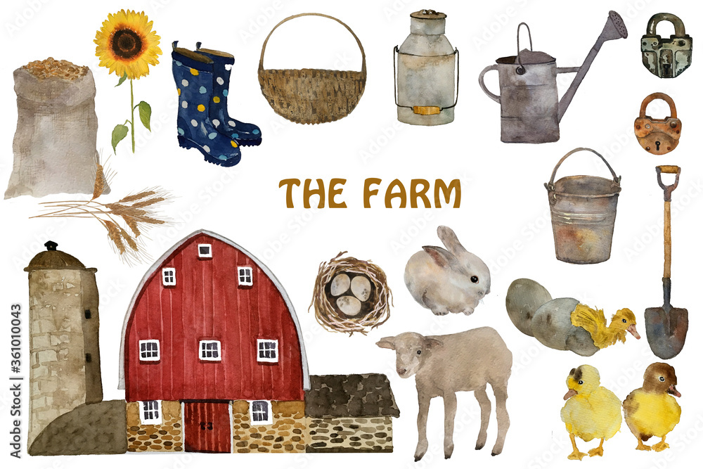 Farm watercolor elements set, farming and agriculture hand drawn ...