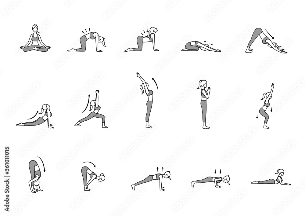 yoga pose for relief back pain, back stretching exercise icon set Stock ...