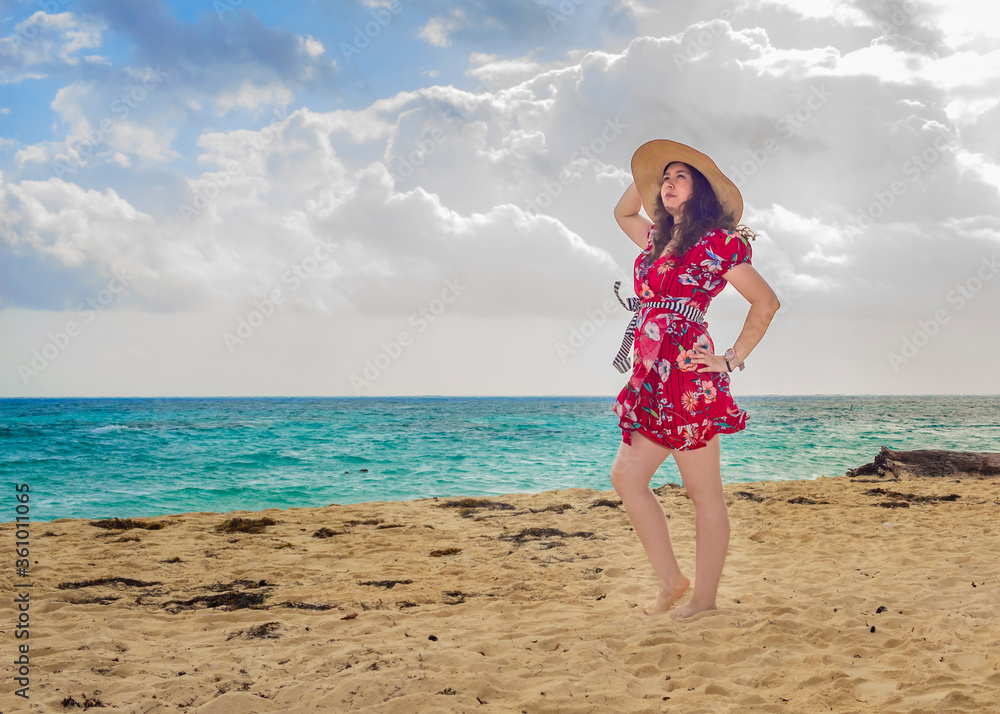 Caribbean Summer time woman vacation on the beach. Cheerful woman wear ...