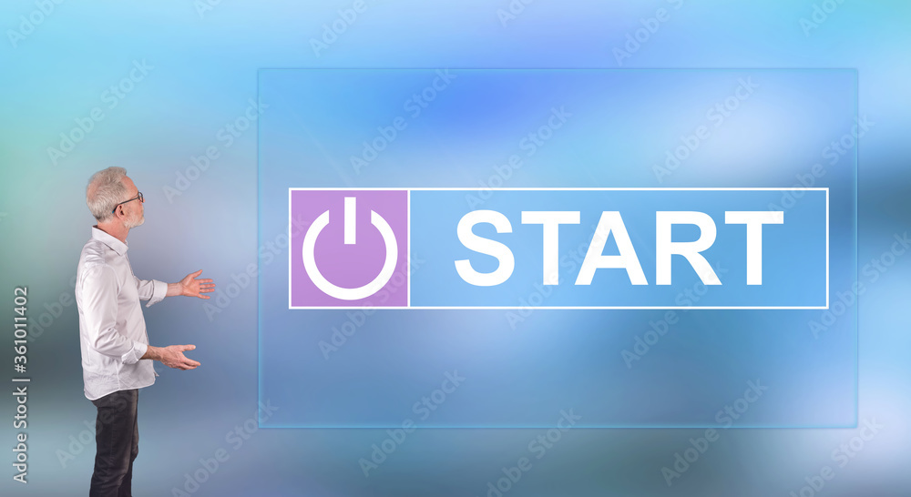 A start concept explained by a businessman on a wall screen Stock Photo ...