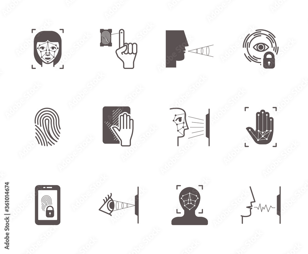 Biometric recognition system icons set. Face scanning, fingerprint palm ...