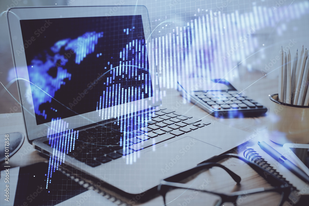 Double exposure of business theme icons and work space with computer ...