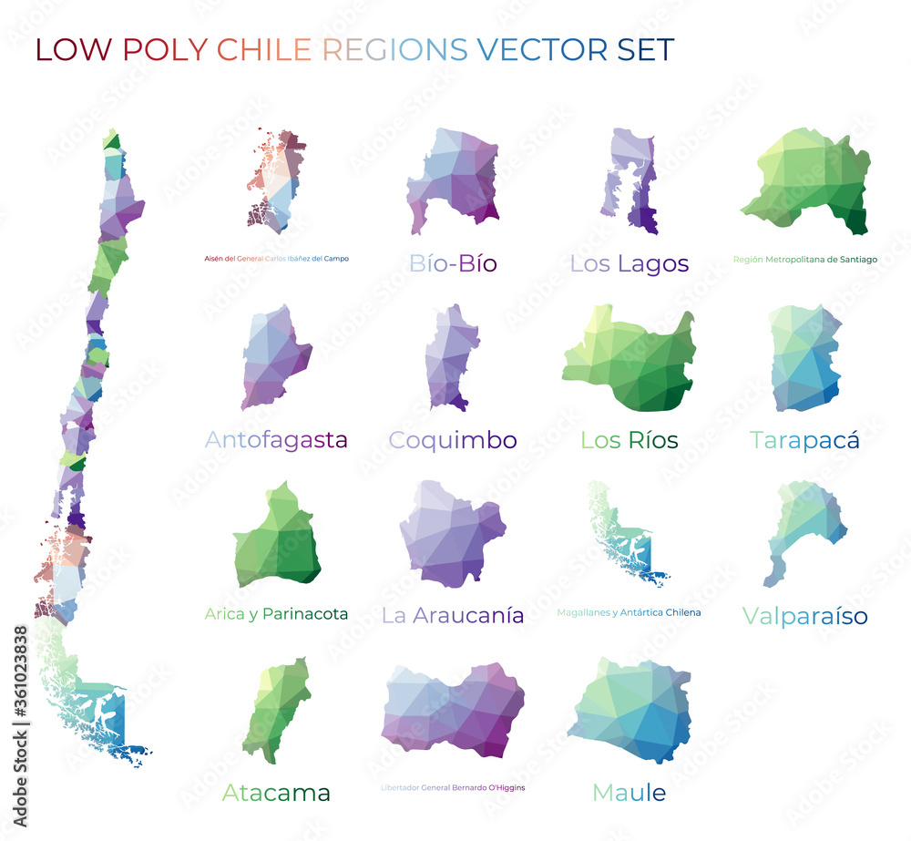 Chilean low poly regions. Polygonal map of Chile with regions ...