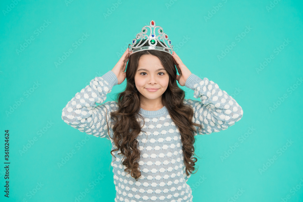 Lady small baby princess. Number one. Kid wear golden crown symbol of ...