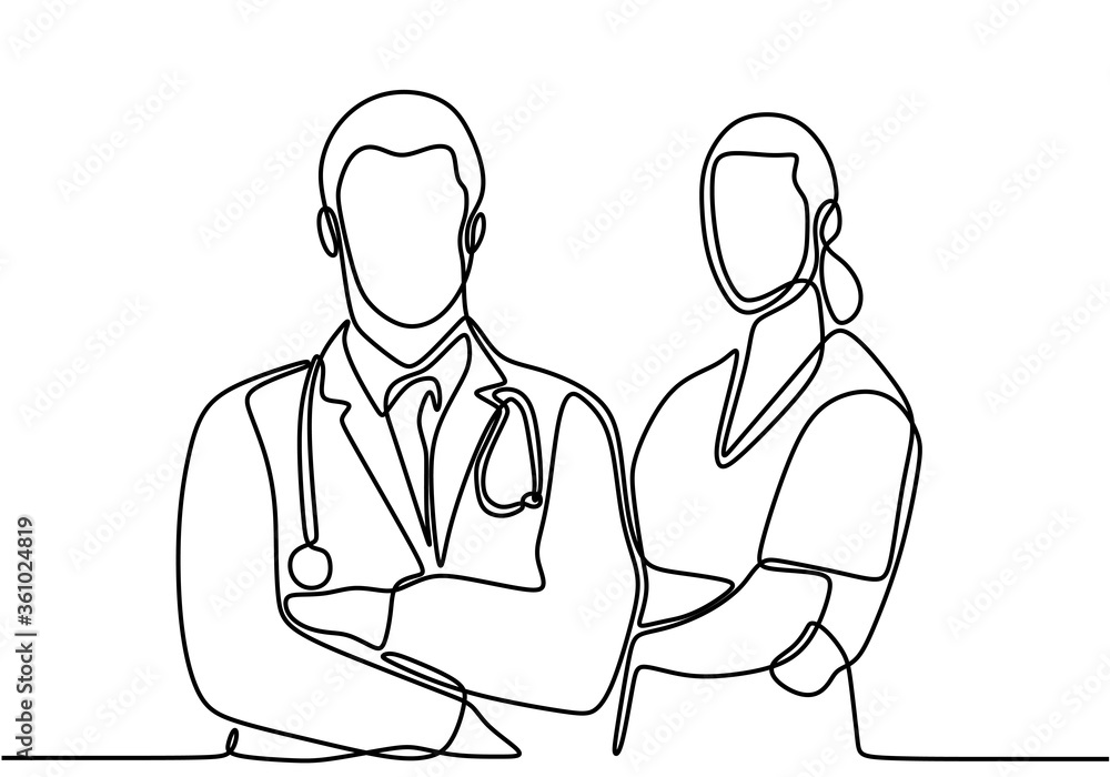 Continuous vector line drawing of doctor and nurse. Professional doctor ...