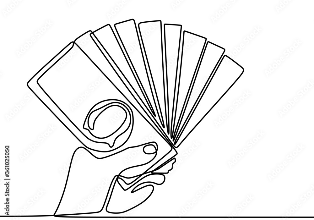 Continuous line drawing of hands holding piles of money banknotes ...