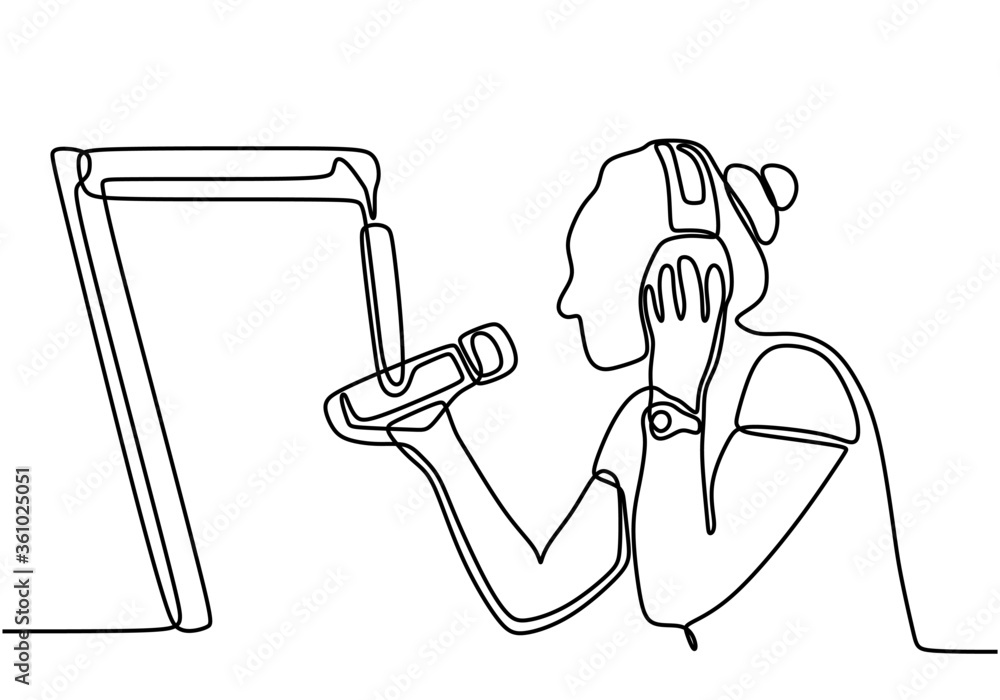 Continuous line drawing podcast girl. Young woman as a presenter or ...