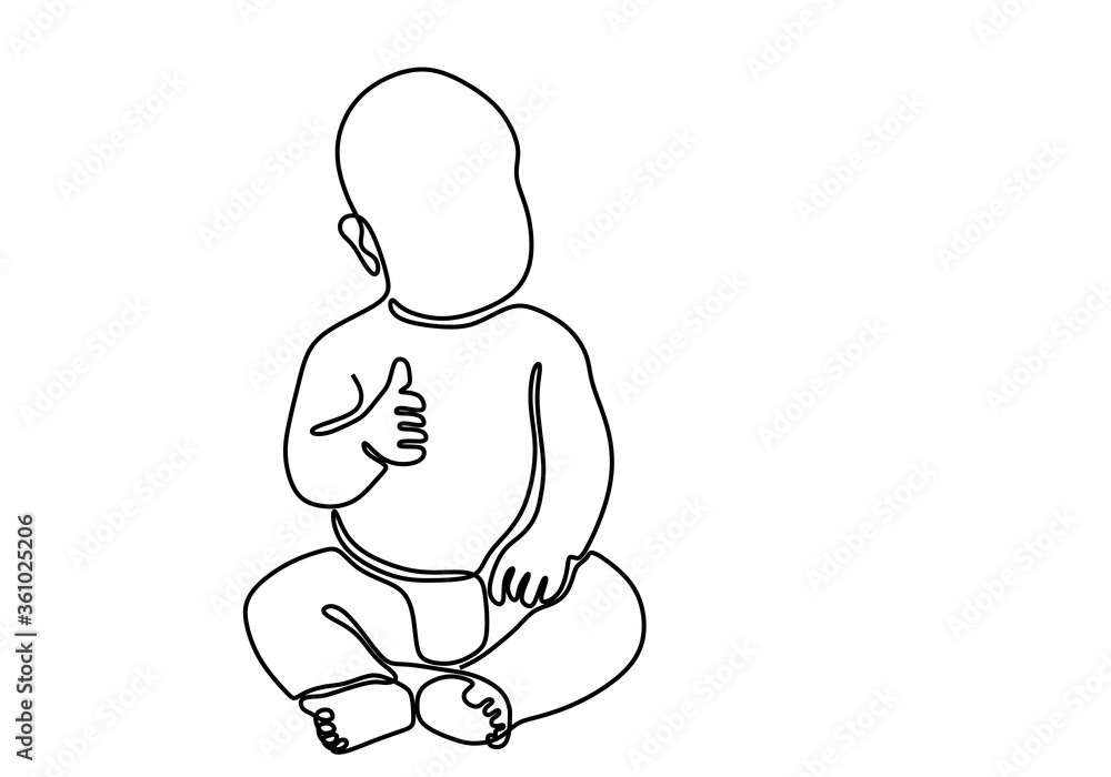 one line drawing illustration of a baby. Cute baby boy sitting on the ...