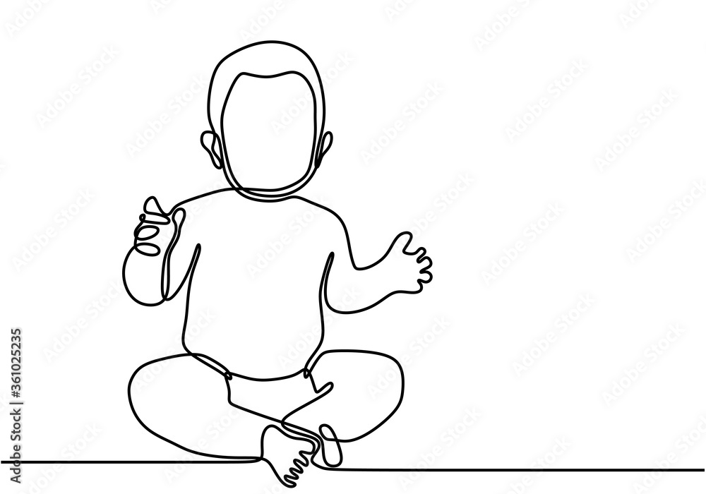 one line drawing illustration of a baby. Cute baby boy sitting on the ...