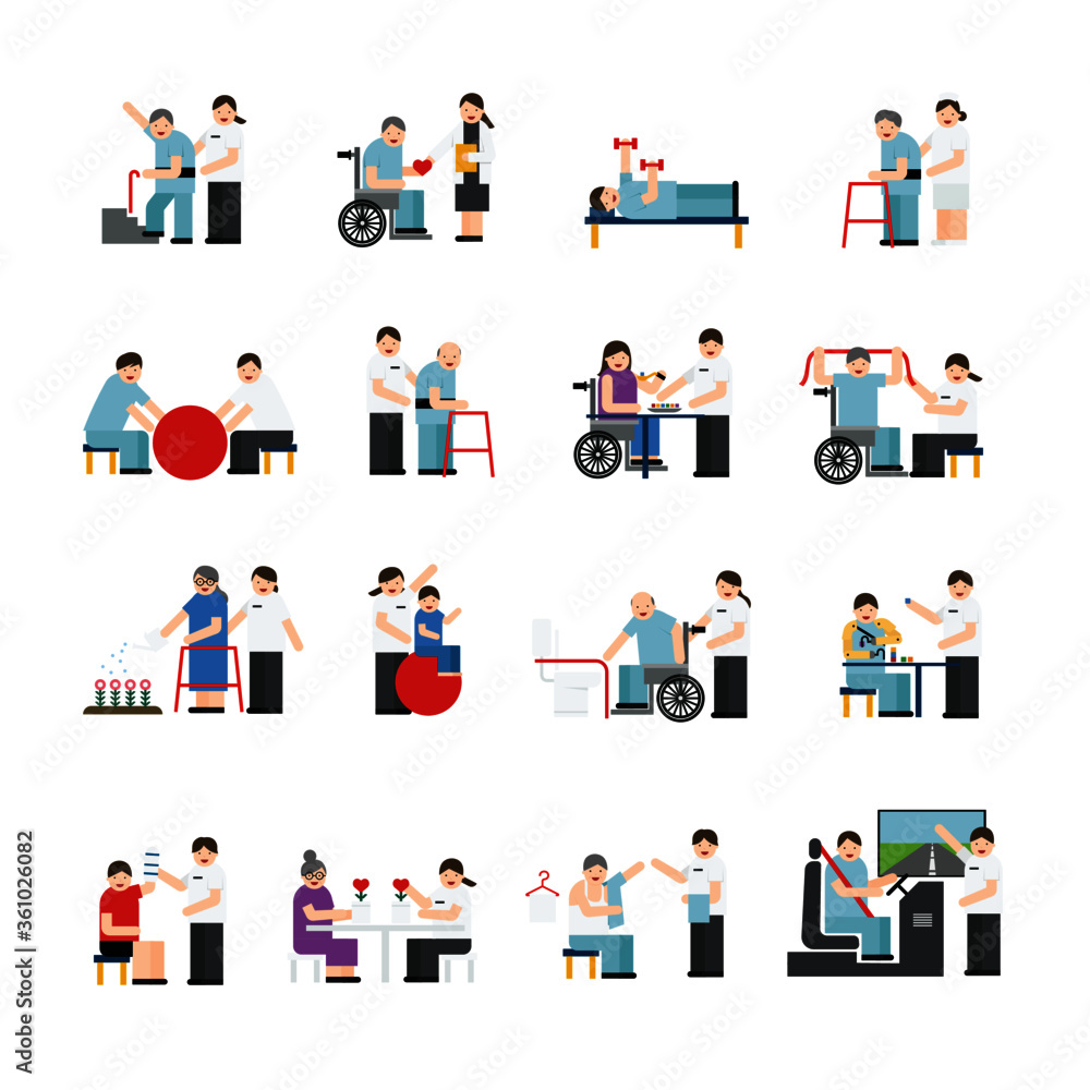 medical and rehabilitation activities in disability cartoon character ...
