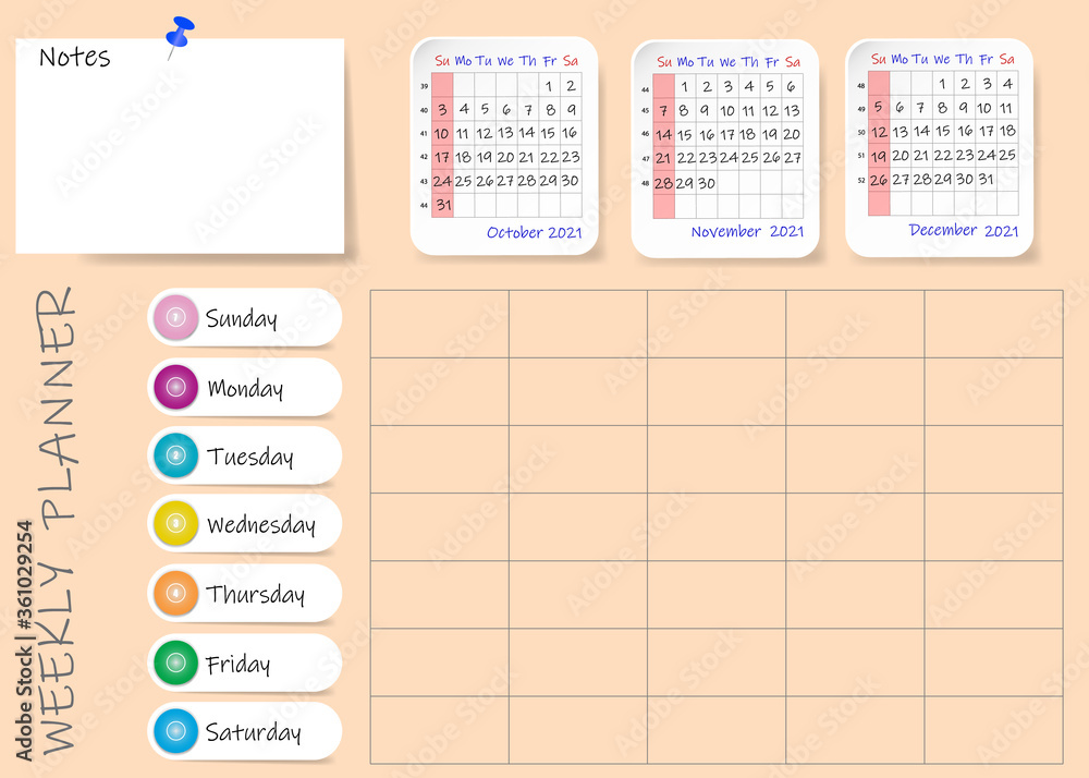Calendar of fourth quarter of 2021 year with weekly planner table and ...