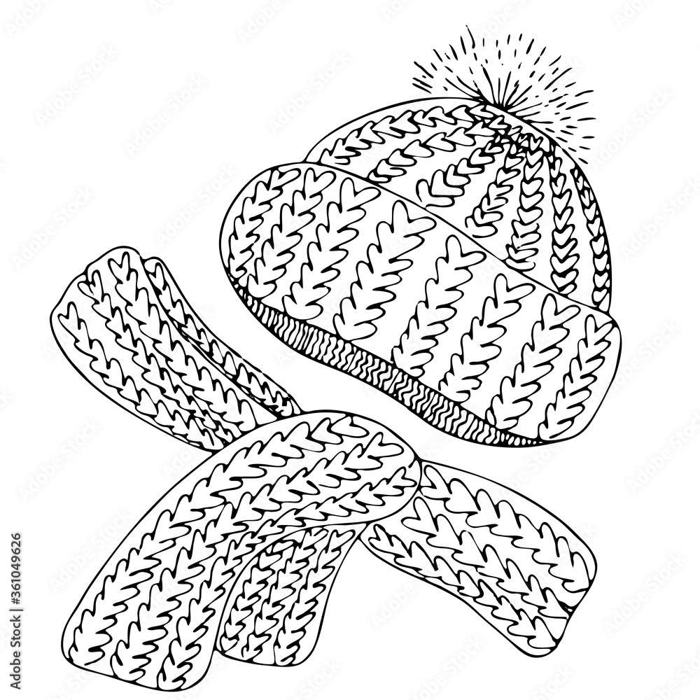 warm knitted set of hats with a pompom and scarf, freehand drawing ...