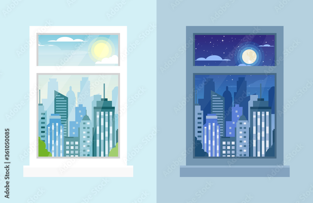 Vector illustration of windows with day and night city landscapes, city ...