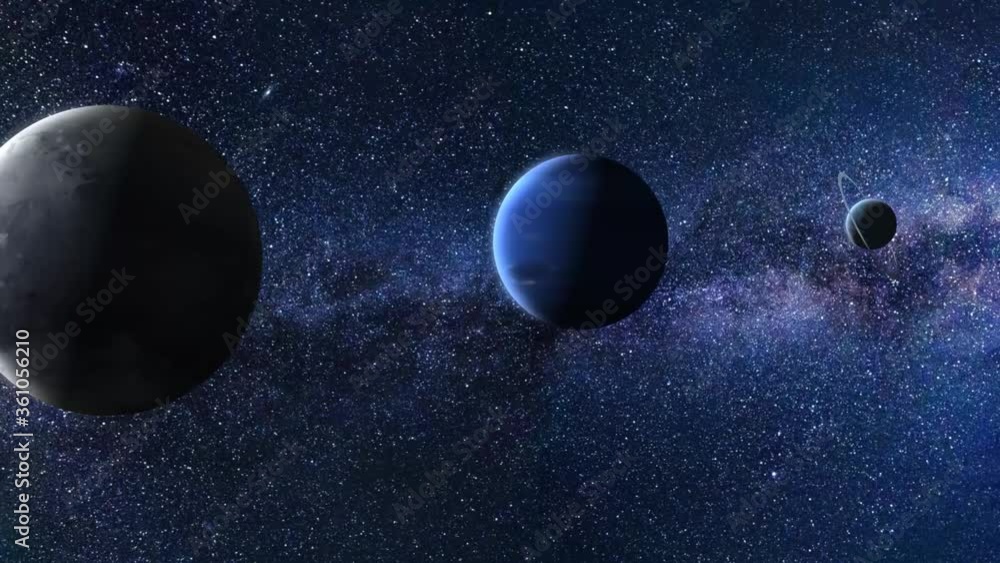 Animated spinning planet Neptune, Uranus, Pluto in dark galaxy view ...
