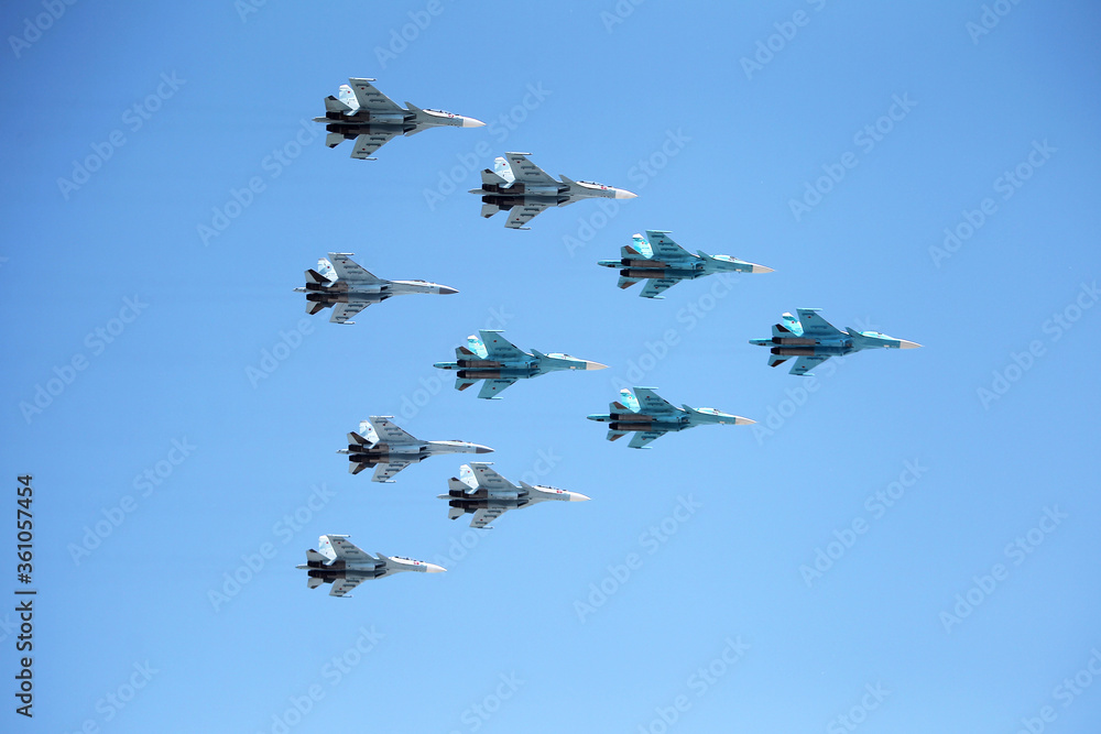 MOSCOW, RUSSIA - June 24, 2020: an air parade of Russian SU-34 aircraft ...
