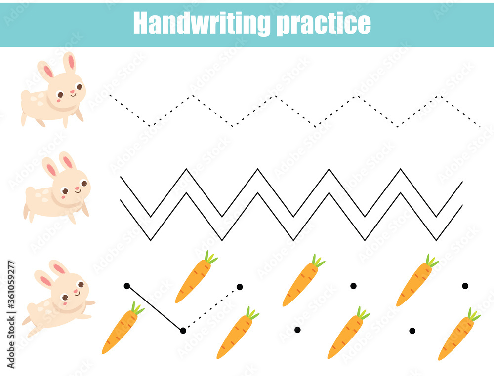 Handwriting practice sheet with funny rabbit. Educational children game ...
