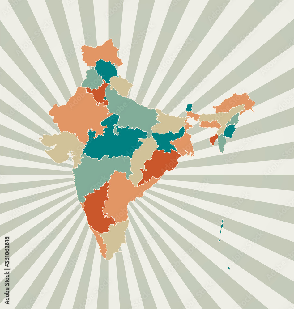 India map. Poster with map of the country in retro color palette. Shape ...