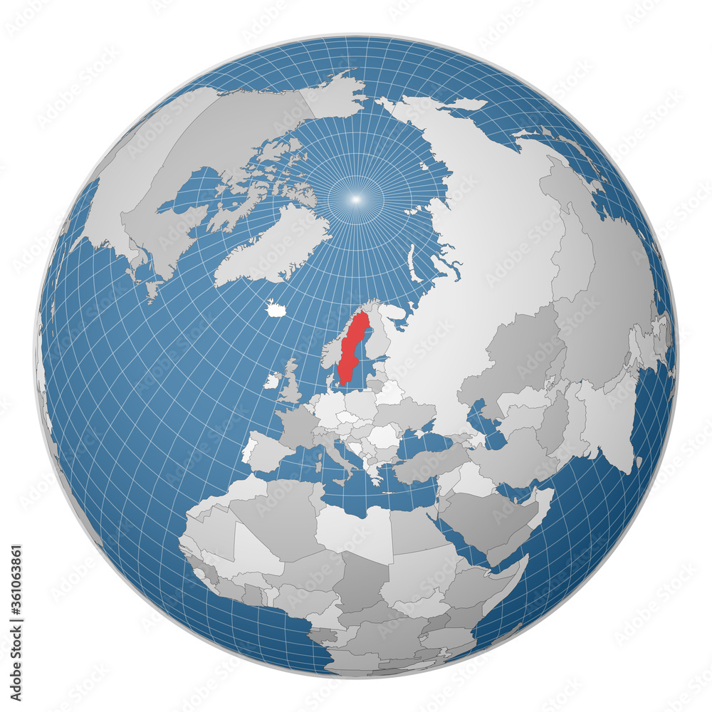 Globe centered to Sweden. Country highlighted with green color on world ...