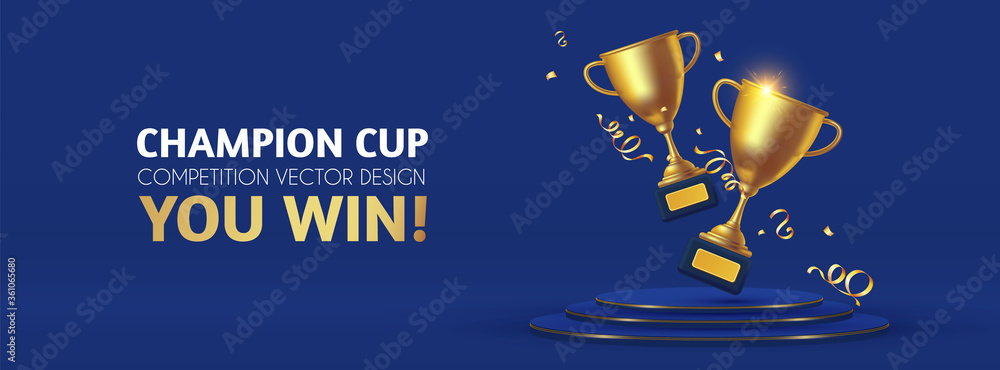 Realistic golden champion cup with circle podium. Isolated trophy ...
