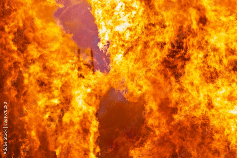 Raging flames of huge fire. Firestorm close up. Burning fire full frame ...