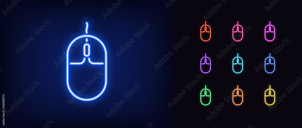 Neon computer mouse icon. Glowing neon mouse sign, set of isolated ...