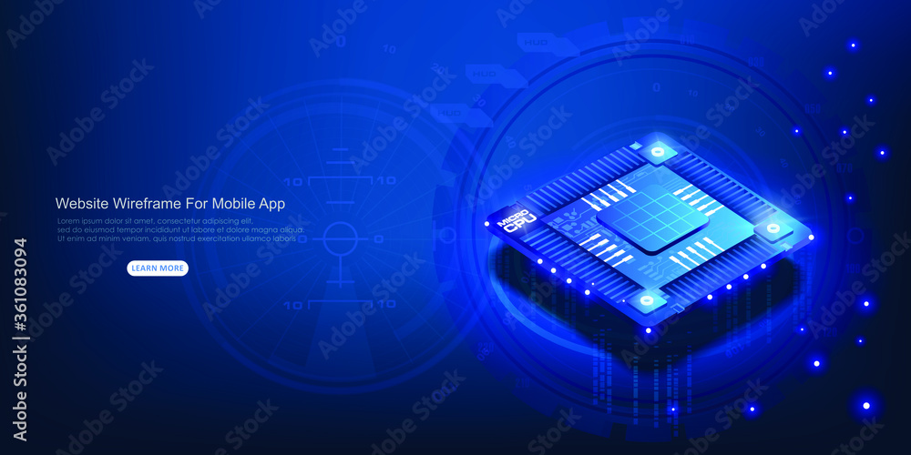 Futuristic neon microprocessor on blue background. Microchip for data ...
