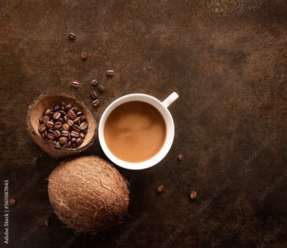 Coconut coffee. Coffee with coconut milk in a white Cup with coconut ...
